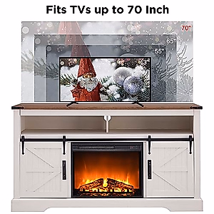 OKD Fireplace TV Stand for 65+ Inch TV, 33" Tall Highboy Farmhouse Entertainment Center w/ 23'' Electric Fireplace, Rustic Media Console w/Sliding Barn Door for Living Room, Antique White