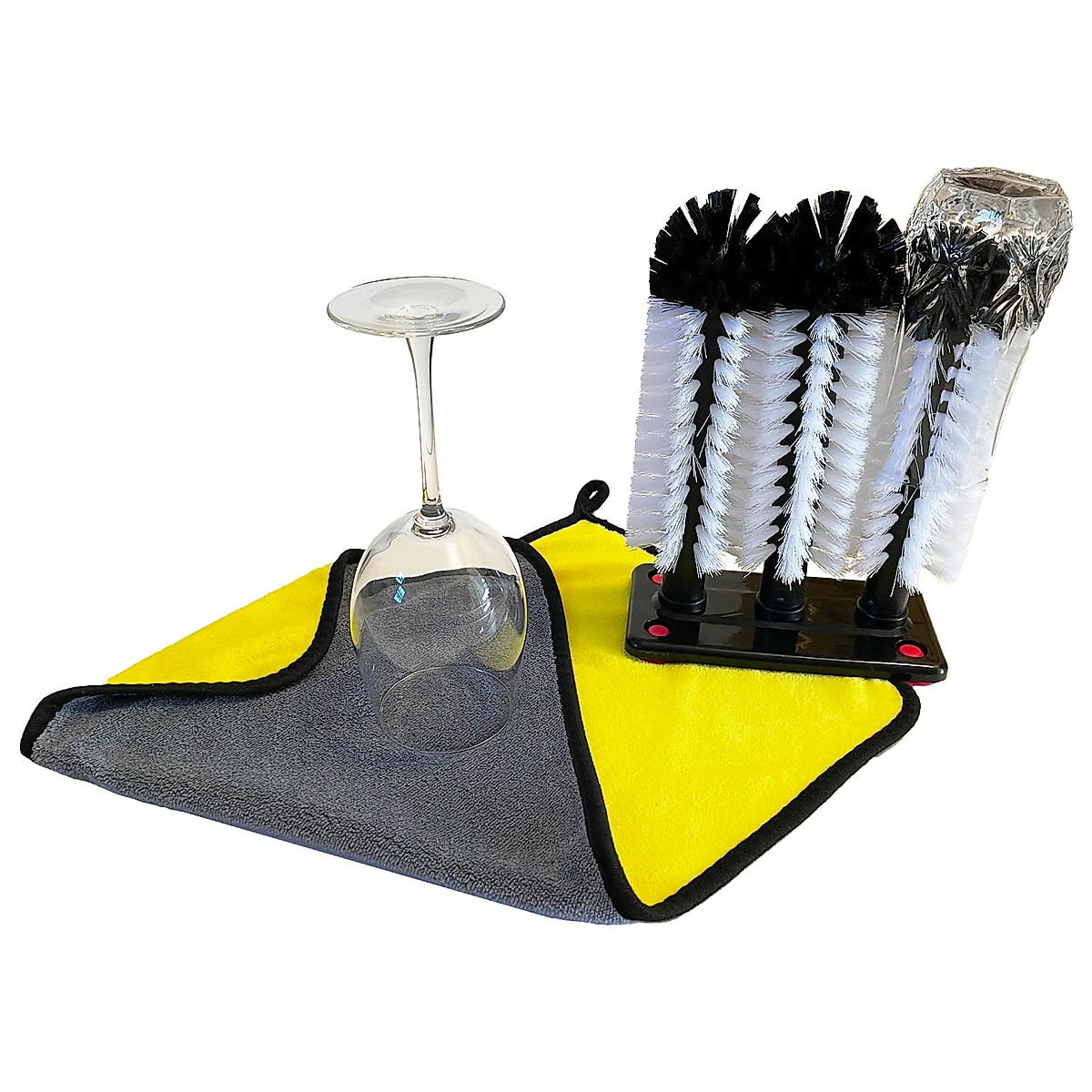 Anchorton Glass Washer Brush - 3 Brush Bar Glass Cleaner - Brushes for Large Cups Glasses and Bottles - Suction Cups for Stable Grip on Sink, Bar and Kitchen Top - Includes Cleaning Cloth