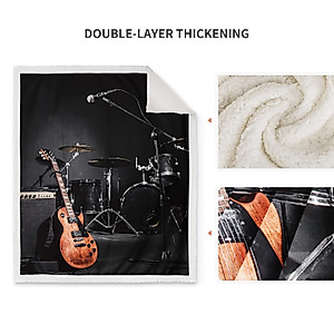 Jekeno Guitar Drum Kit Sherpa Blanket Rock Music Themed Warm Cozy Soft Throw Blanket for Music Enthusiast Adults Kids Boys Gift Sofa Bed Living Room Decor 50"x60"
