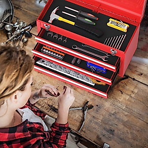 IRONMAX Portable Tool Box, Lockable Steel Tool Chest Cabinet w/ 3 Drawers & Top Tray, 3-Drawer Toolbox for Household, Warehouse, Repair Shop, Red