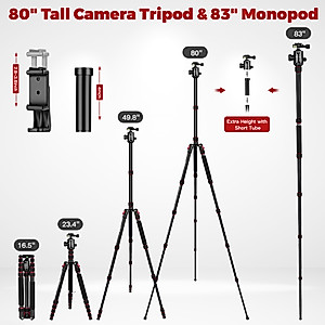 Tripod for Camera, 80“ Heavy Duty Camera Stand Tripod, Professional Ball Head Tripod Stand with Twist Locks, Aluminum Tripod Stand for DSLR Camera Spotting Scope, Video Camera Tripods & Monopods