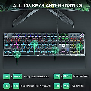 AULA F2088 Mechanical Gaming Keyboard, Tactile Brown Switches, LED Rainbow Backlit, Volume Controls, Removable Wrist Rest, Unique Cool Square Keycaps, Full Size Wired Keyboard for Windows/Mac/PC