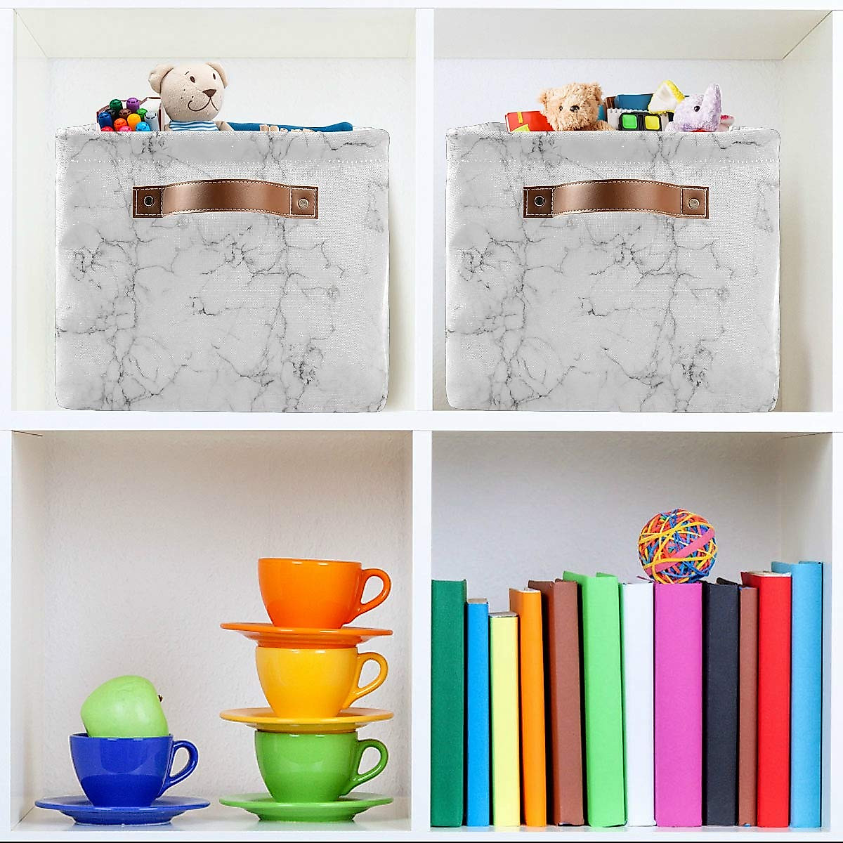 White Marble Storage Basket Bin Gold Glitter Large Fabric Toys Storage Cube Box with Handles Collapsible Closet Shelf Cloth Organizer Basket Set of 2 for Nursery Bedroom