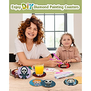 8Pcs Diamond Painting Coasters with Holder,DIY Halloween Life Coaster Diamond Art Kits for Adults Kids,Beginners Round Full Drill Diamond Art Craft Supplies