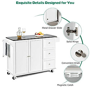 Giantex Kitchen Island with Stainless Steel Countertop, Kitchen Cart Rolling Trolley with Towel Holder and Spice Rack, 3 Drawers, Adjustable Shelves, 2-Door Cabinet, Ample Storage Table (White)