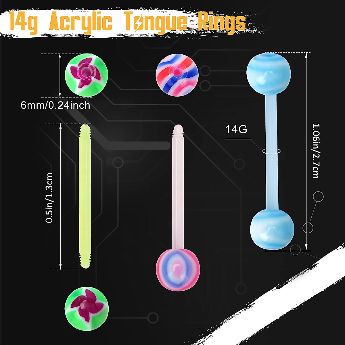 CrazyPiercing 100Pcs 14G Acrylic Tongue Rings, Multi Color Assortment Flexible Tongue Rings Barbells Mix Piercing