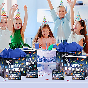 Outer Space Birthday Gift Bag for Kids, Blue Gift Bag with Card Tissue Paper Rocket Planet Gift Bag Birthday Wrapping Paper Bags Outer Space Party Gift Bag Decorations for Boys Girls Birthday Party