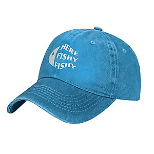 QVXHKP Funny Fishing Hat Here Fishy Fishy Fishy Hat for Men Baseball Caps Cute Hats Blue