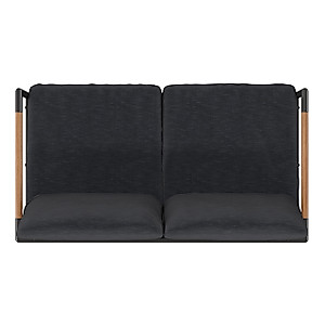EMMA + OLIVER Black Aluminum Frame Loveseat with Teak Arm Accents and Charcoal Cushions