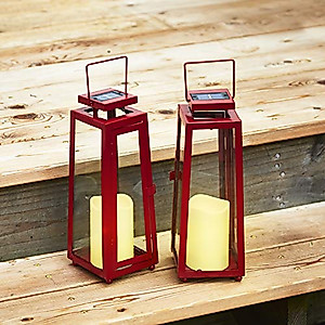 Red Outdoor Solar Lanterns - 11 Inch, Set of 2, Metal & Glass, Waterproof Flameless Pillar Candle, Dusk to Dawn Timer, Flickering LED Light, Rustic Vintage Patio