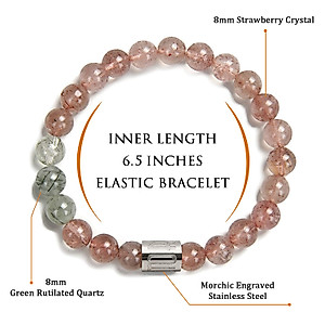 Morchic Natural Strawberry Quartz Crystal/Green Rutilated Quartz for Women, Stretch Energy Beaded Sweet Bracelet 8mm