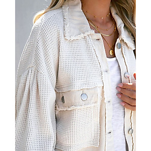 CHARTOU Women's Oversized Waffle Knit Shacket Cropped Color Block Jean Patchwork Blouse Shirt (Large, Cream)