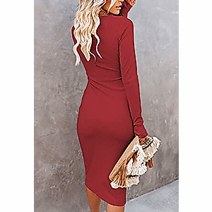 Uusollecy Women's Long Sleeve Cutout Dress, Sexy Bodycon Midi Dresses, Fall Dress for Women Knee Length Red X-Large
