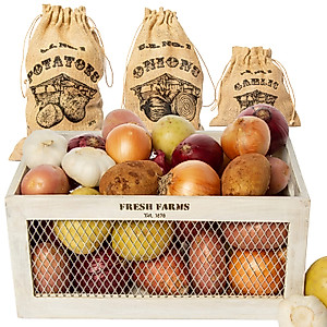 LoadedSpoon Potato and Onion Storage Bin – Garlic Storage, Handcrafted Farmhouse Kitchen Wooden Crate Box, 3 pk Jute Vegetable Storage Bags, Onion and Potato Storage for Pantry or Countertop (White)