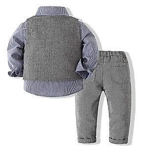 Xiangwu Textitle Baby Boy Gentleman Set with Dress Shirt+Bow Tie+Vest and Pants 3PC Set, Gray Plaid, 18-24 Months