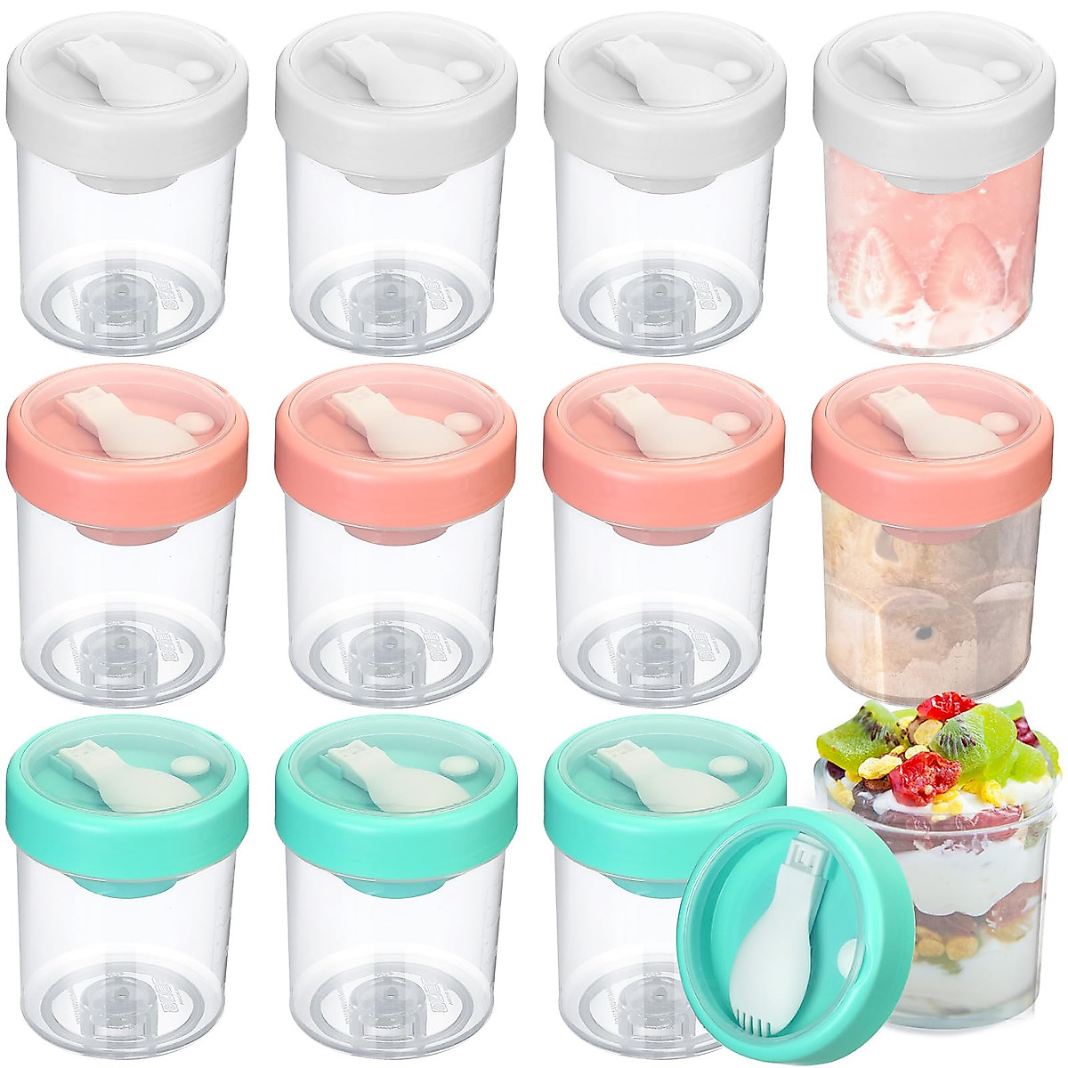 Sliner 12 Pcs 19 oz Plastic Overnight Oats Containers with Lids and Spoons Leakproof Plastic Containers Large Capacity Portable Overnight Oats Jars Oatmeal Cups for Yogurt Salad Cereal Food Storage