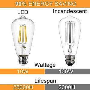 DiCUNO ST64 Edison Bulb Dimmable, Vintage LED Filament Light Bulbs, Warm White 2700K, 10W (100 Watt Equivalent), 1100 Lumens, 120V, E26 Standard Medium Base Clear Glass Retro Lighting, 6 Packs