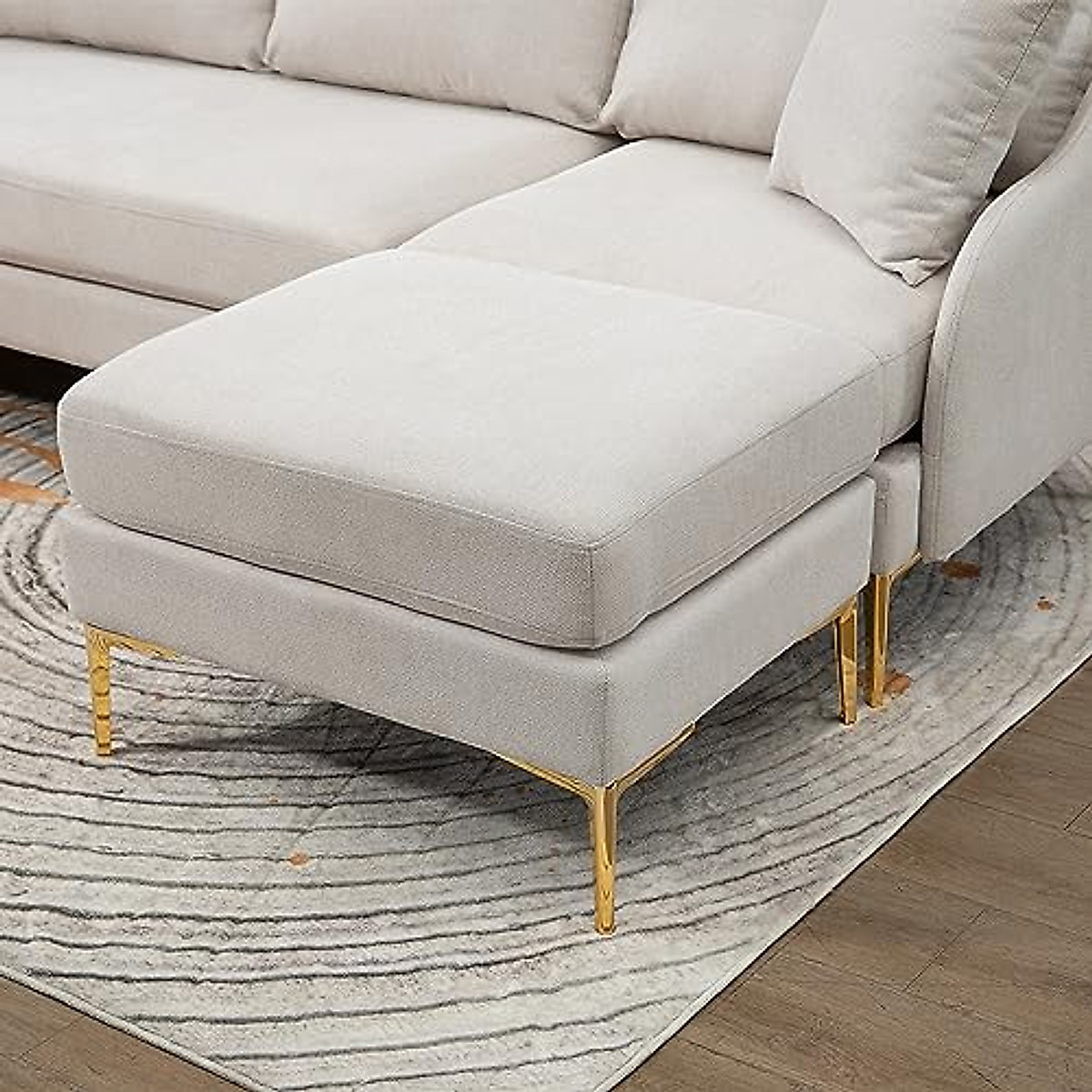 FANYE 110'' Modern Reversible Chaise Sectional U-Shaped Convertible, 4-Seat Polyester Blend Upholstered Sofa & Couch with 2 Pillows and Metal Legs for Home Apartment Office Living Room, Green, Beige