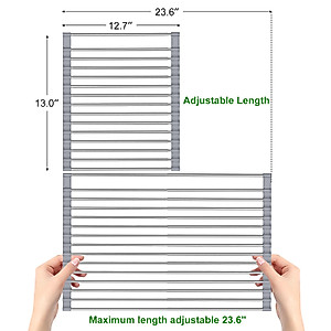 Liangmall Expandable Dish Drying Rack Up to 23.6", Extra Large Over The Sink Dish Drainer Drying Rack Roll Up, Stainless Steel Multipurpose Kitchen Sink Drying Rack - 23.6"(L) x 13.0"(W)