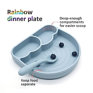 Santi & Me Baby Feeding Set Divided Plate with Suction, Adjustable Silicone Bib, Toddler Training Sippy Cup with Straw, Baby Led Weaning Spoon, Rainbow Plate Dishes and Utensils Set(Dusty blue)