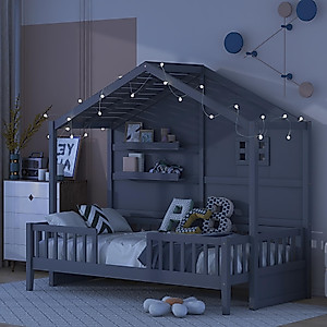 SOFTSEA Twin Size Low House Loft Bed with Shelves, Low Wood Bed Frame with Window and Sparkling Light Stripe on The Roof, House Shaped Low Loft Bed for Kids