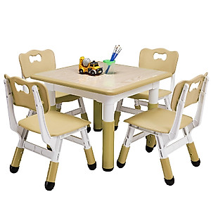 MilleLoom Kids Table and Chairs, Height Adjustable Children Table with 4 Chair Set, Kids Tables for Age 2-10, Graffiti Desktop, Children Multi-Activity Table for Classrooms,Daycares,Home