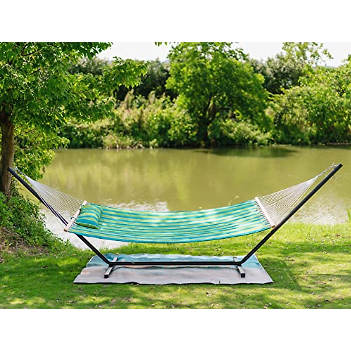 Lazy Daze Hammocks 12FT Quilted Fabric Hammock with Pillow, Double 2 Person Hammock with Spreader Bar for Outdoor Outside Patio Garden Yard Pool Beach QFH009