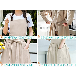 Cute Retro Cotton Linen X-Back Aprons Home Kitchen Garden Art Painting Pinafore Florist Shop Overalls (Beige, 39L)