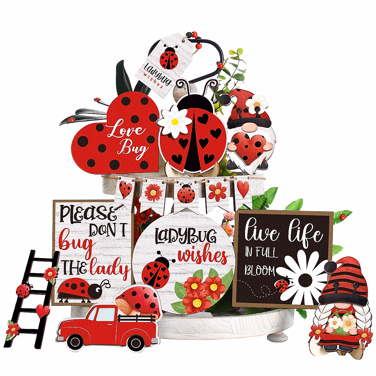 Maitys 15 Pieces Ladybug Tiered Tray Decor Set Spring Summer Wooden Blocks Sign Rustic Farmhouse Decor Ladybird Tiered Tray Decorative Trays Signs for Home Kitchen Shelf Table Decorations