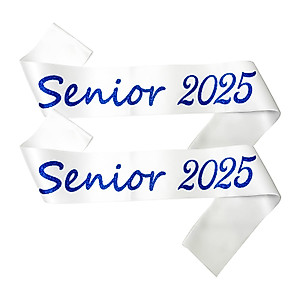 Ashaqshnglee Senior Sash 2025, 2PCS Graduation Sash White with Blue Glitter Letter Finally Graduated Cheerleader Party Celebration Decorations