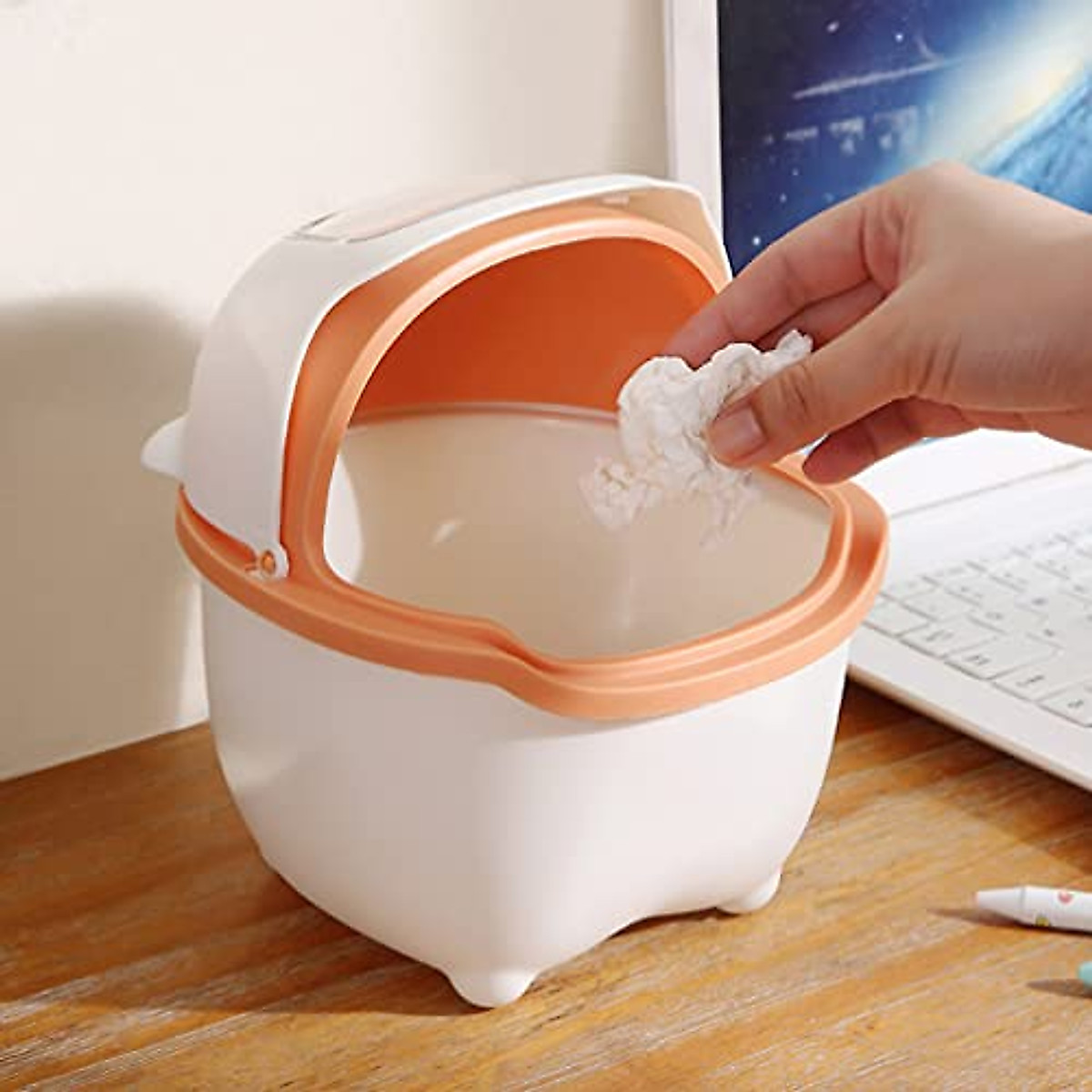 Hemoton Mini Desktop Trash Can Basket with Lid Countertop Mini Garbage Cans Small Waste Bin Container Cartoon Animal Countertop Organizer for Vanity Tabletop Coffee Table Yellow