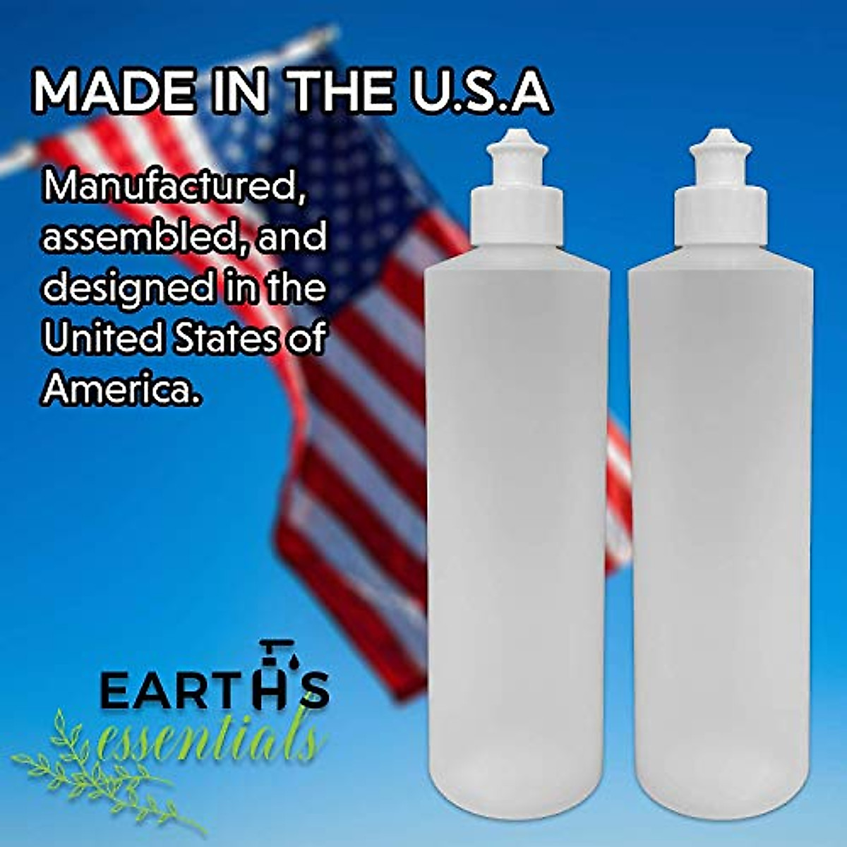 2 Pack Refillable 16 Ounce HDPE Squeeze Bottles With Push/Pull Button Top Dispenser Caps-Great For Lotions, Shampoos, Conditioners and Massage Oils From Earth's Essentials (White Cap)
