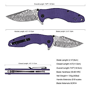 EMHTiii Pocket Folder Folding Knife: 3.14" Stainless Steel Blade, G10 Scales, Thumb Stud Liner Lock, EDC Knives for Outdoor Survival, Great Gifts for Men Women, EMH12 (Purple)