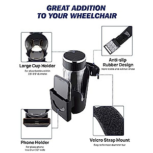 JOYTUTUS Cup Holder for Wheelchair, 2 in 1 Water Bottle Holder and Phone Bracket, Universal Drink Cup Holder for Walker, Rollator, Stroller, Scooter