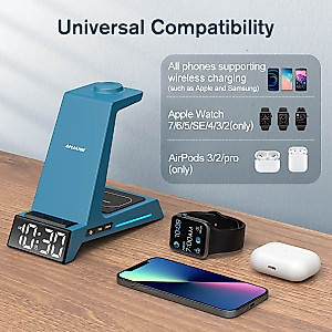 ANJANK Wireless Charging Station for Multiple Devices Apple, 3 in 1 Wireless Charger Stand with Alarm Clock, Charging Dock for iwatch/AirPods/iPhone 14/13/12/11/Pro/Max/XR/XS/8 Plus/Samsung Phone