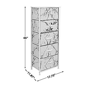 Sorbus Fabric Dresser for Bedroom - Chest of 5 Drawers, Tall Storage Tower, Clothing Organizer, for Closet, for Living Room, Steel Frame, Fabric Bins - Wood Handle (Marble White – White Frame)