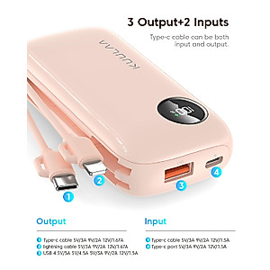 Portable Charger Power Bank 10000mAh Fast Charging PD 20W Portable Phone Charger with Built in Cable, LED Display Battery Pack for iPhone Android Samsung etc