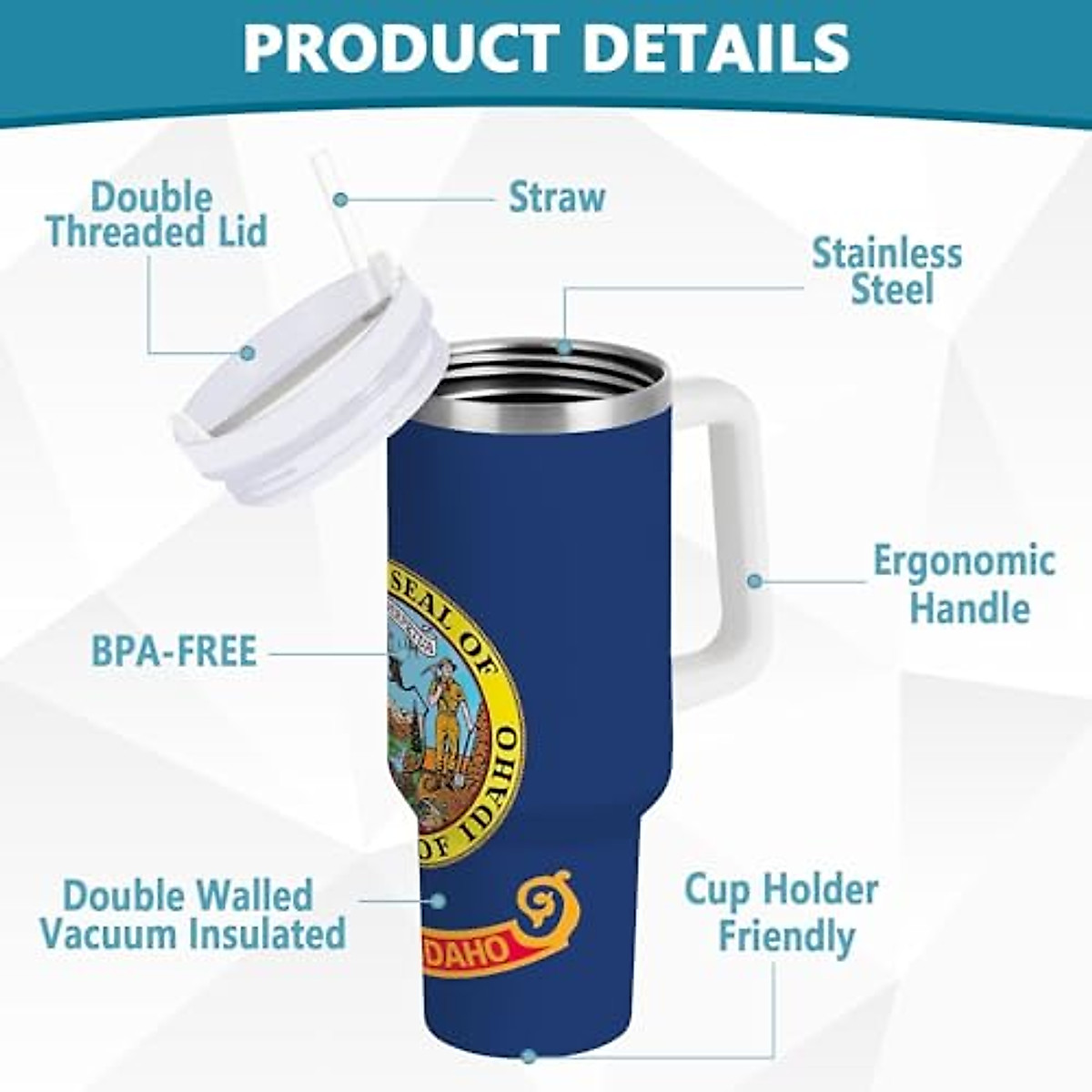 ODAWA 40oz Idaho State Flag Insulated Tumbler with Handle and Straw Lid, Steel Insulated Tumbler Insulated Travel Tumbler