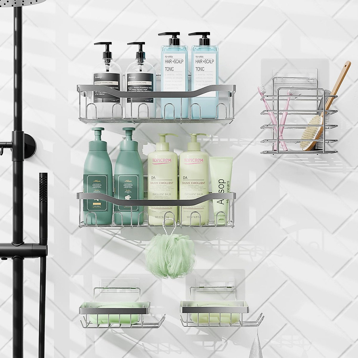 Clara Clark Shower Caddy Adhesive Shower Organizer, Shower Shelf Caddy for Bathroom Storage & Home Decor, Large Capacity Shower Rack Storage, Rustproof Shower Shelves, Stainless Steel Shower Caddies