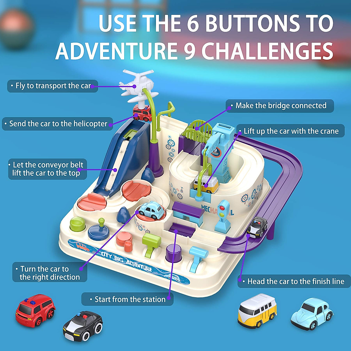 Car Adventure Toys for 3 4 5 6 7 8 Year Old Boys Girls, Race Tracks Toy for Boys with 4 Toy Vehicle, Preschool Educational Toy Car for Boy, Interactive Classic Toys Vehicle, White