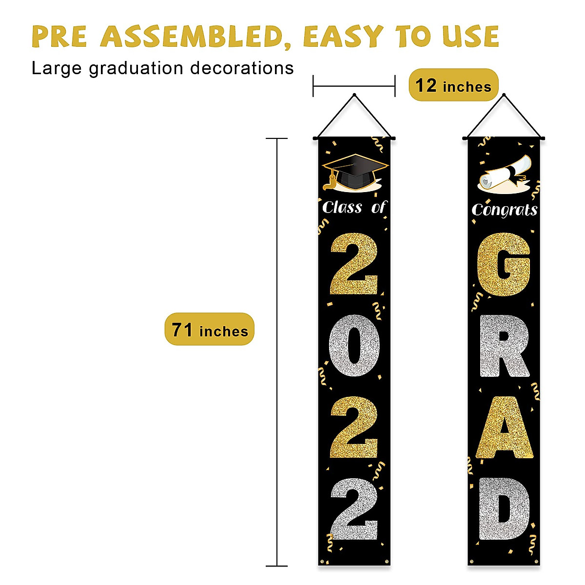 2022 Graduation Decorations Banner, Class of 2022, Congrats Grad Banner, Graduation Hanging Flag Porch Sign, Graduation Party Decorations Supplies for Indoor/Outdoor/Home/Door/Wall Decor (Black Gold)