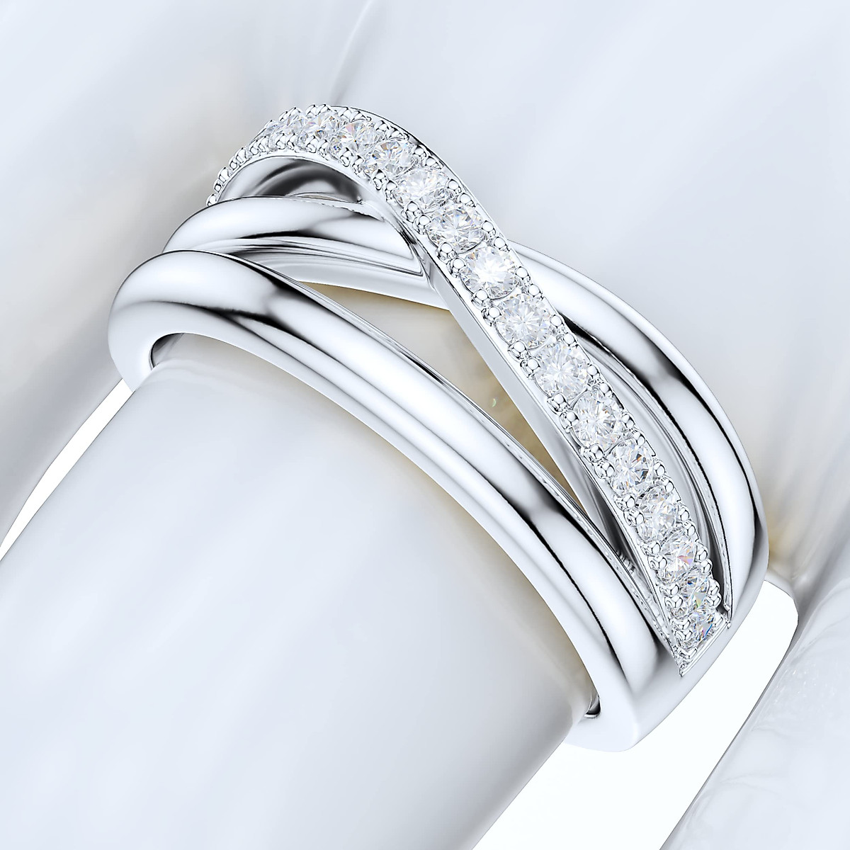 PRSTANI 7.5mm Wide Sterling Silver Criss Cross Round Brilliant Cut Genuine Moissanites Wedding Ring (7)