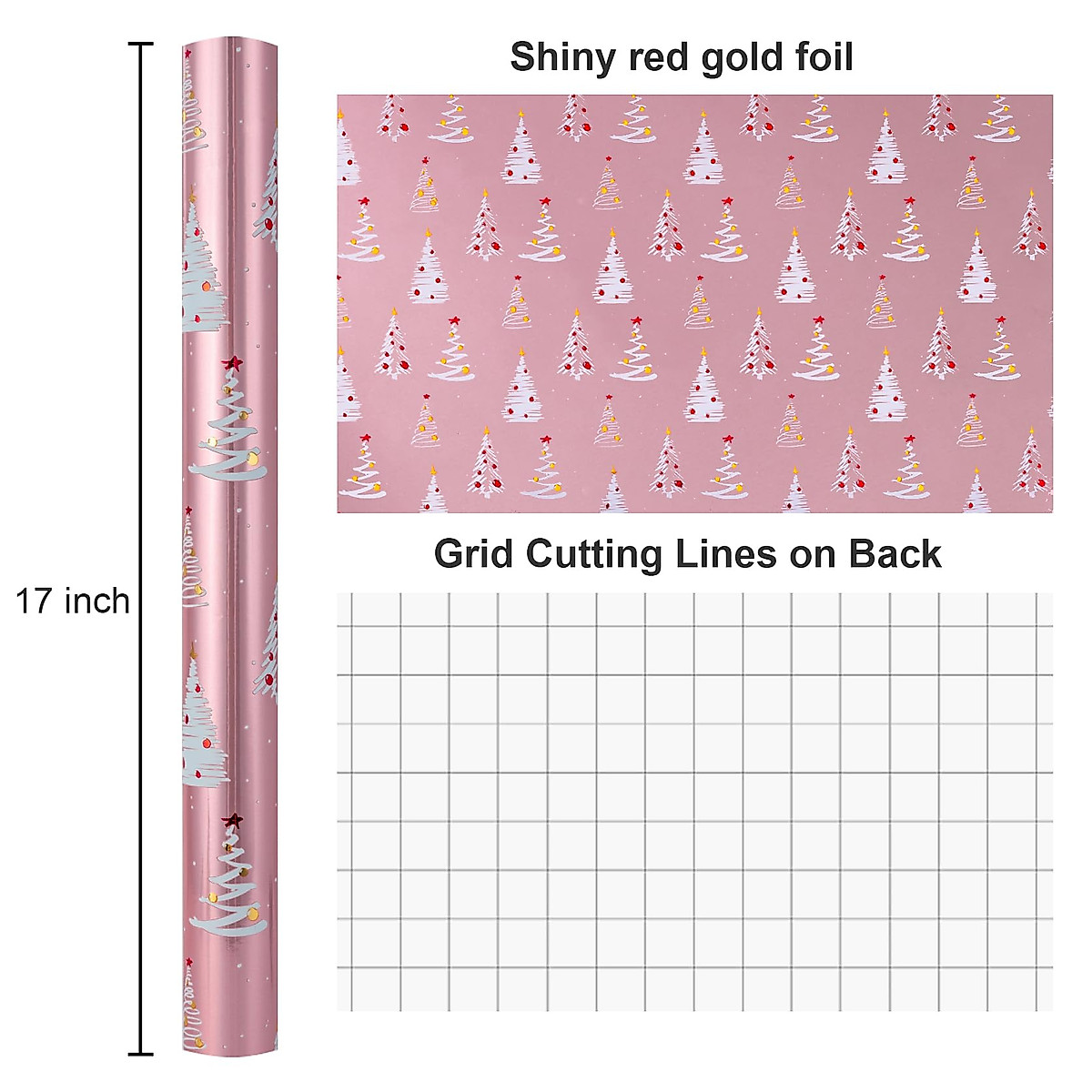 Burymento Christmas Wrapping Paper Roll, Pink Gift Wrap Paper with Grid Lines for Christmas，Metallic Foil Shiny Wrapping Paper - 17 Inches x 32.8 Feet 1 Roll Christmas Trees