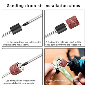 BAGTeck 162 Pieces Sanding Drums Kit Drum Sander for Drill with Storage Box Including 150 Pieces Sanding Band Sleeves and 12 Pieces Drum Mandrels for Rotary Tool- 120 Grit