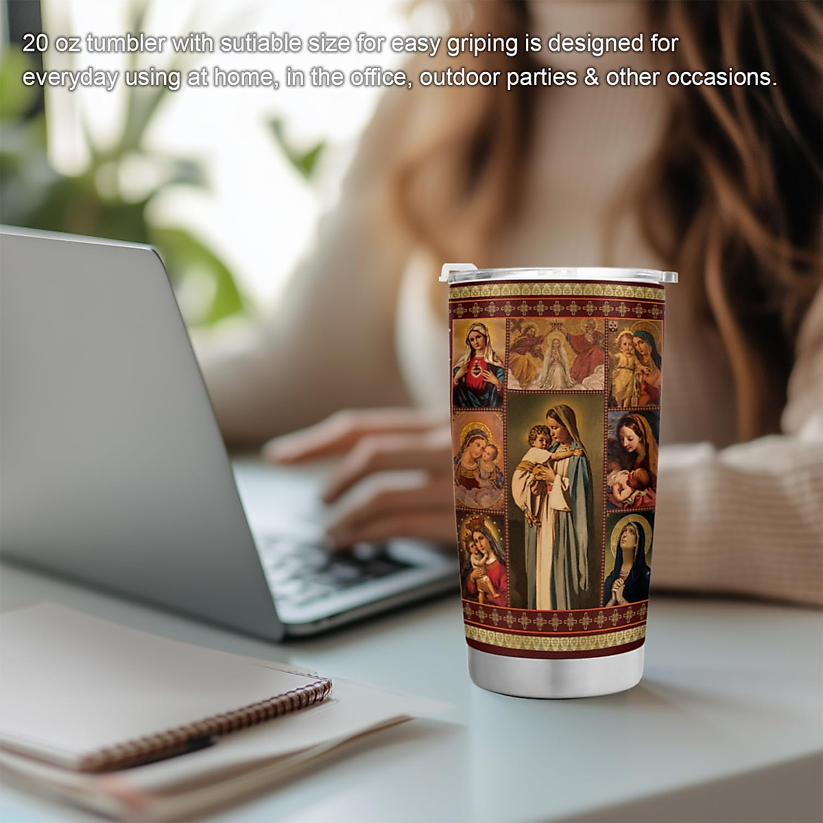 Catholic Gifts for Women, Virgin Mary Tumbler 20oz Stainless Steel Travel Cup Double Wall Insulated Coffee Mugs with Splash-proof Lid, Unique Religious Christian Believers Blessings Gift