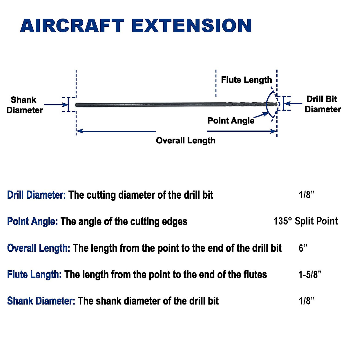 1/8-Inch x 6-Inch Aircraft Extension Black Oxide Drill Bit, Premium M2 High Speed Steel, Extra Length, for Metal, Plastic, Wood