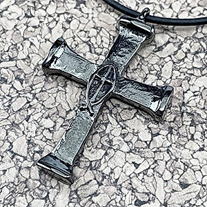 Horse Nails Dark Metal Finish Cross Pendant Black Rubber Cord Necklace