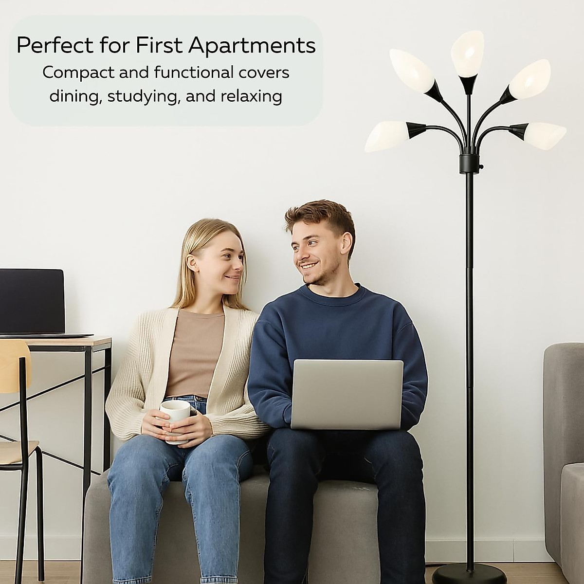 LIGHTACCENTS Modern Multi Head Floor Lamp - Medusa 5 Light Standing Lamp Tall Bedroom Lamp with 5 Positionable Bright Acrylic White Shades with 3-Light Mode Switch(Silver)