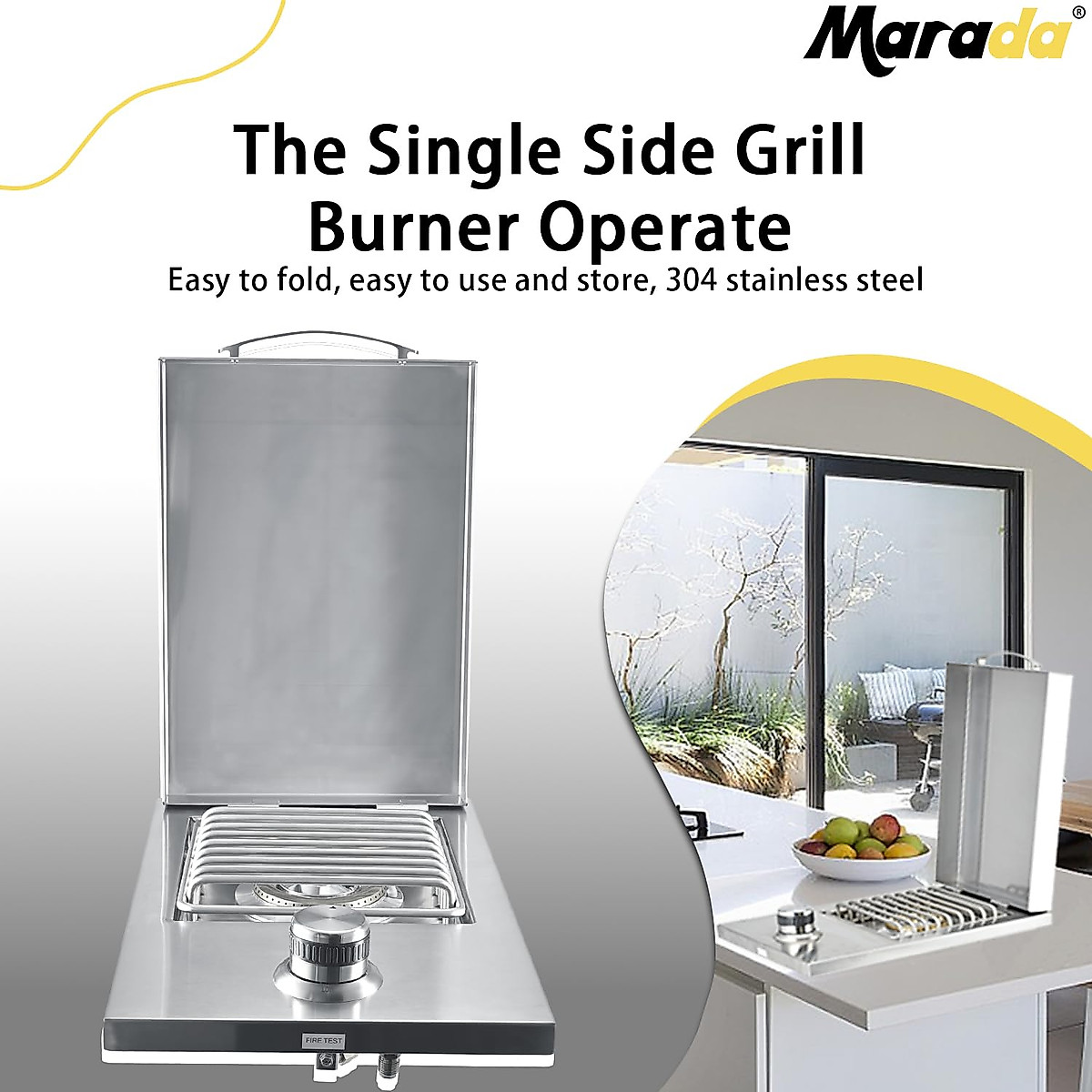 Marada Drop-In Single Side Grill Burner Natural Gas 304 Food Grade Stainless Steel Built-In Single Side Burner for Outdoor Grill 12,000 BTU Air inlet thread 5/8"-18UNF