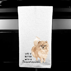 Watercolor Life is Better with a Pomeranian Microfiber Kitchen Tea Bar Towel Gift for Animal Dog Lover
